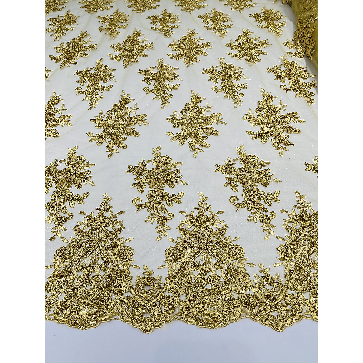 New Creations Fabric & Foam Inc, 50" Wide Floral Design Embroidery On A Mesh Lace with Sequins and Cord Fabric (1 Yard, Metallic Gold)