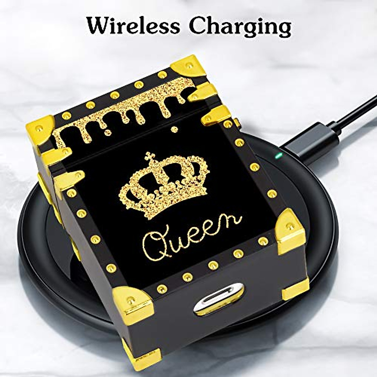 Fiyart Airpods Case for Airpods 2&1 Queen Golden Crown Luxury Trunk Charging Cover Protective Case with Airpod Accessories Anti-Lost Keychain Strap Carabiner