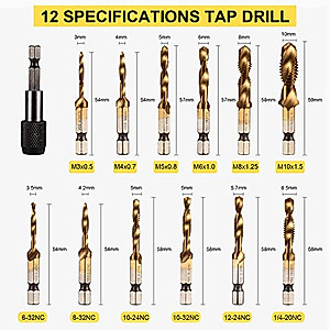 THINKWORK Combination Drill Tap & Tap Bit Set, 3-in-1 Titanium Coated Screw Tapping Bit Tool for Drilling, Tapping, Countersinking, with Quick-Change Adapter, 13 PCS SAE/Metric