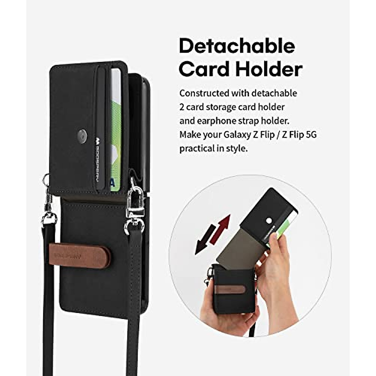 GOOSPERY Wallet Case Compatible with Galaxy Z Flip, Detachable Card Holder 2 Card Pocket Storage Premium PU Leather Adjustable Cross-Body Strap Attached Earbud Cord Organizer (Black)