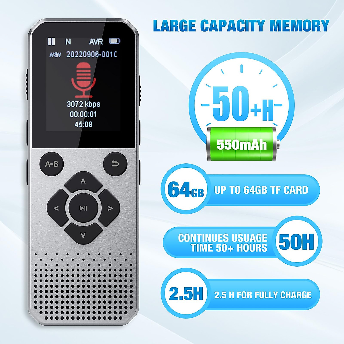 64GB Voice Recorder, Digital Voice Recorder with Bluetooth, Tape Recorder Up to 3072kbps Bit Rate, Voice Activated Recorder with Playback, Audio Recorder for Interview Meetings Lecture