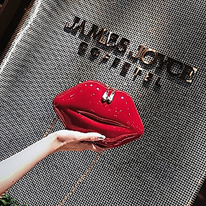 Women Leather Lips-shaped Evening Clutch Purses Crossbody Bags Vintage Banquet Handbag (Red)