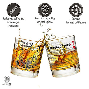 Greenline Goods Whiskey Glasses - Alice in Wonderland (Set of 2) | Literature Rocks Glass with Lewis Carroll Book Images & Writing