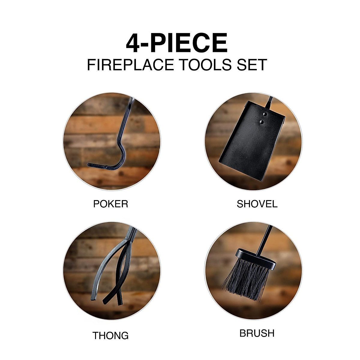 2WAYZ Fireplace Tools Set, 5 pcs Cast-Iron Fireplace Accessories - Powder Coated Poker, Shovel, Tongs & Brush. Easy-to-Assemble Fire Poker Set for Chimney