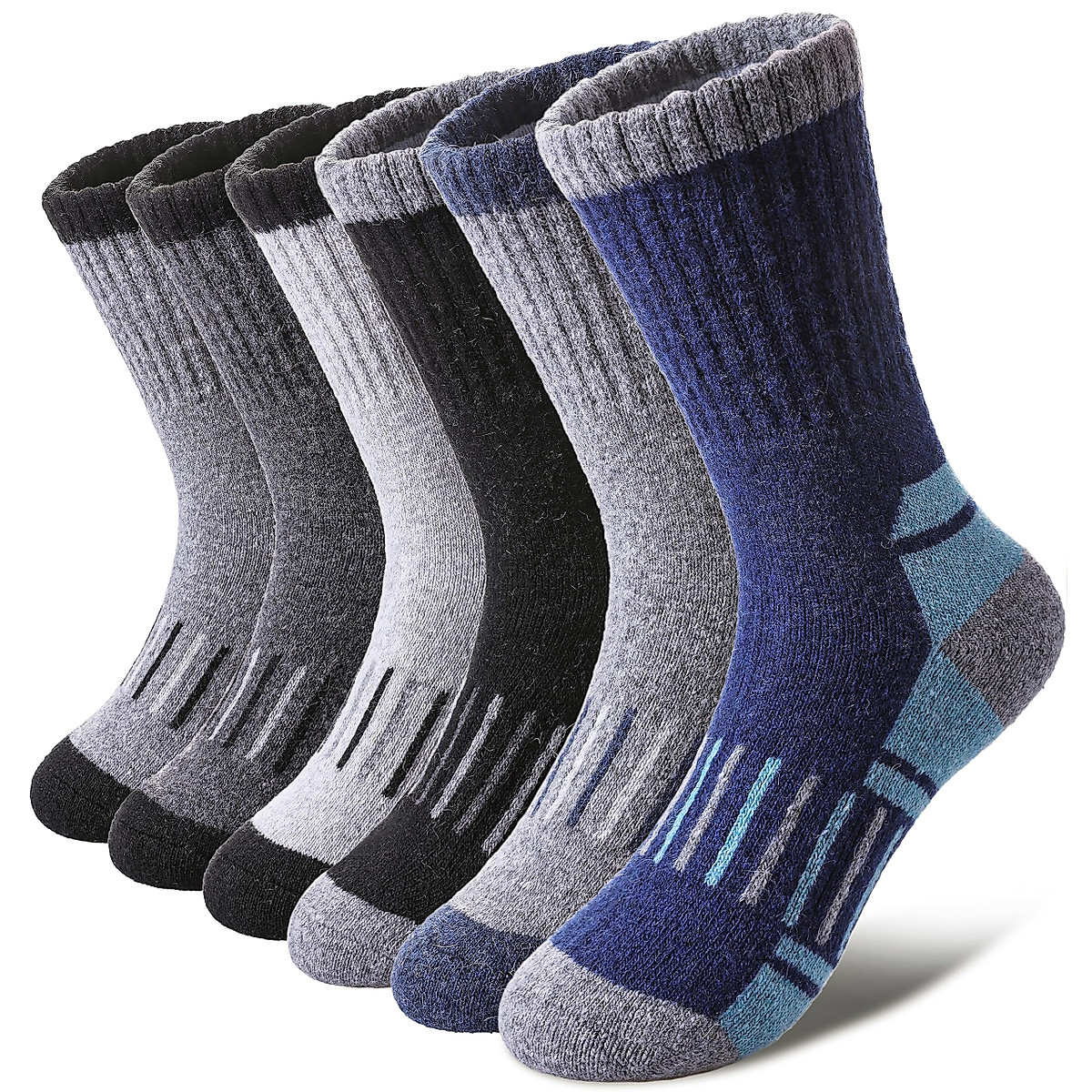 LINEMIN Kids Merino Wool Hiking Socks Toddlers Boys Girls Winter Warm Thick Thermal Boot Cushion Crew Socks 6 Pairs (8-12 Years, Mix Color Hiking Socks)