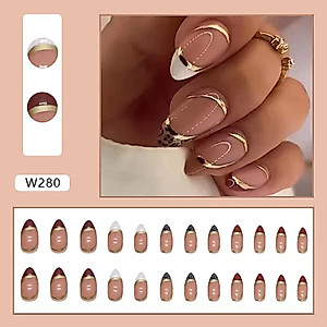 24 Pcs Almond Press on Nails French Tip Fake Nails Oval Shape False Nails with Gold Line Stripes Foil Leopard Designs Glossy Full Cover Glue on Nails Acrylic Nails for Women Girls DIY Maniture Decorations