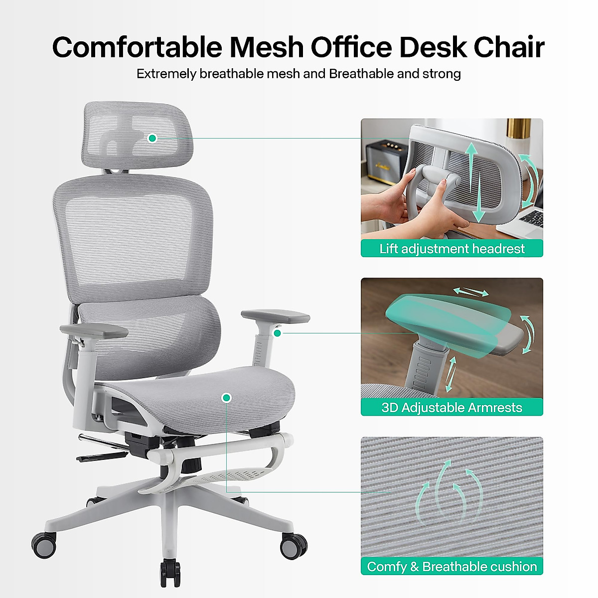 Gzagdecr Ergonomic Office Chair, High Back Gaming Chair with Footrest,Big and Tall Home Office Desk Chair,Mesh Computer Chair with Adjustable Lumbar Support,3D Armrests,Reclining(White-Gray)