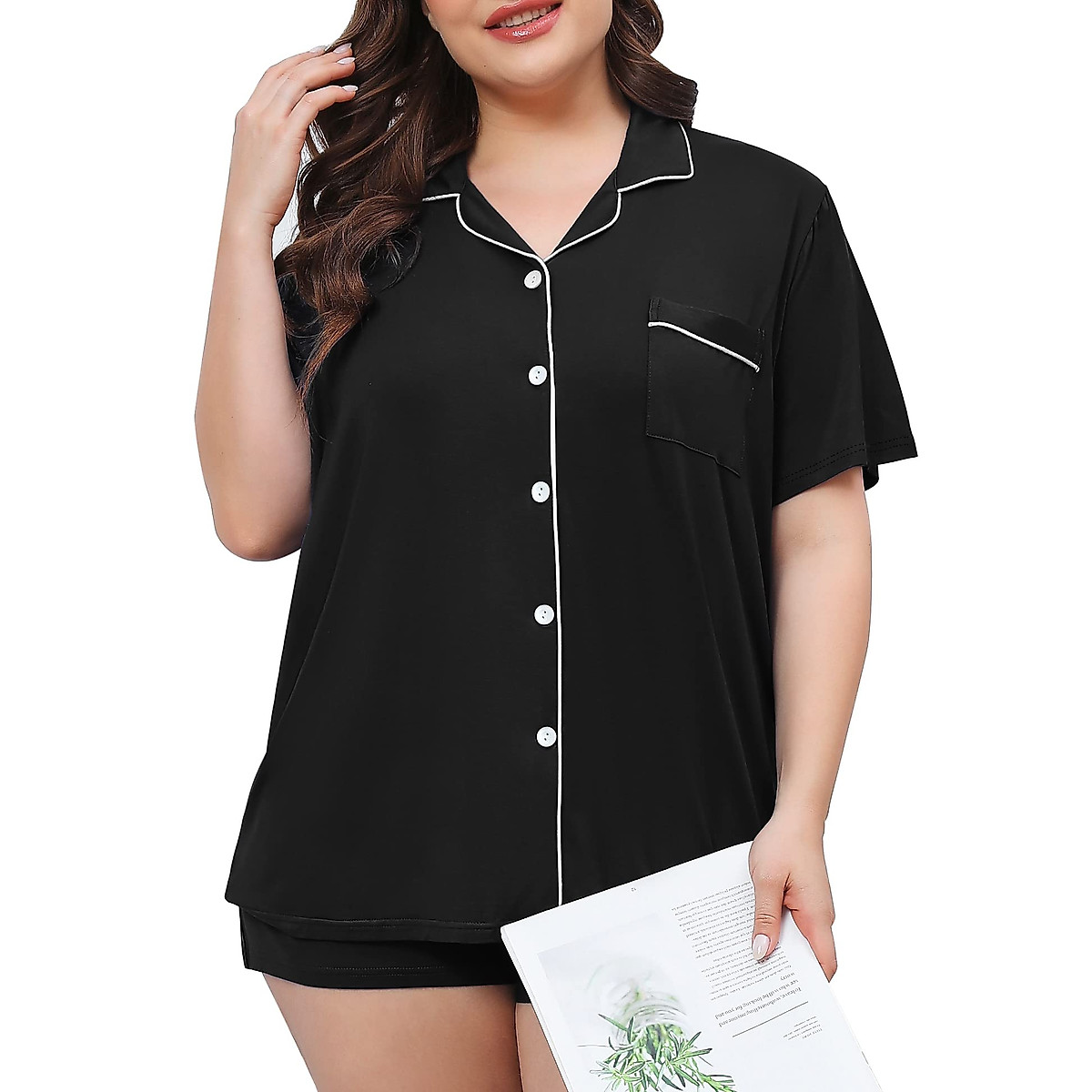 SWOMOG Women's Plus Size Pajamas Set Button Down Tops Short Sleeve Sleepwear Soft Pajama Shorts 2 Pcs Lounge Sets With Pocket Black