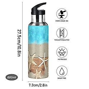 Oarencol Starfish Seashell Water Bottle Blue Sea Beach Stainless Steel Vacuum Insulated Thermos with Straw Lid 20 Oz