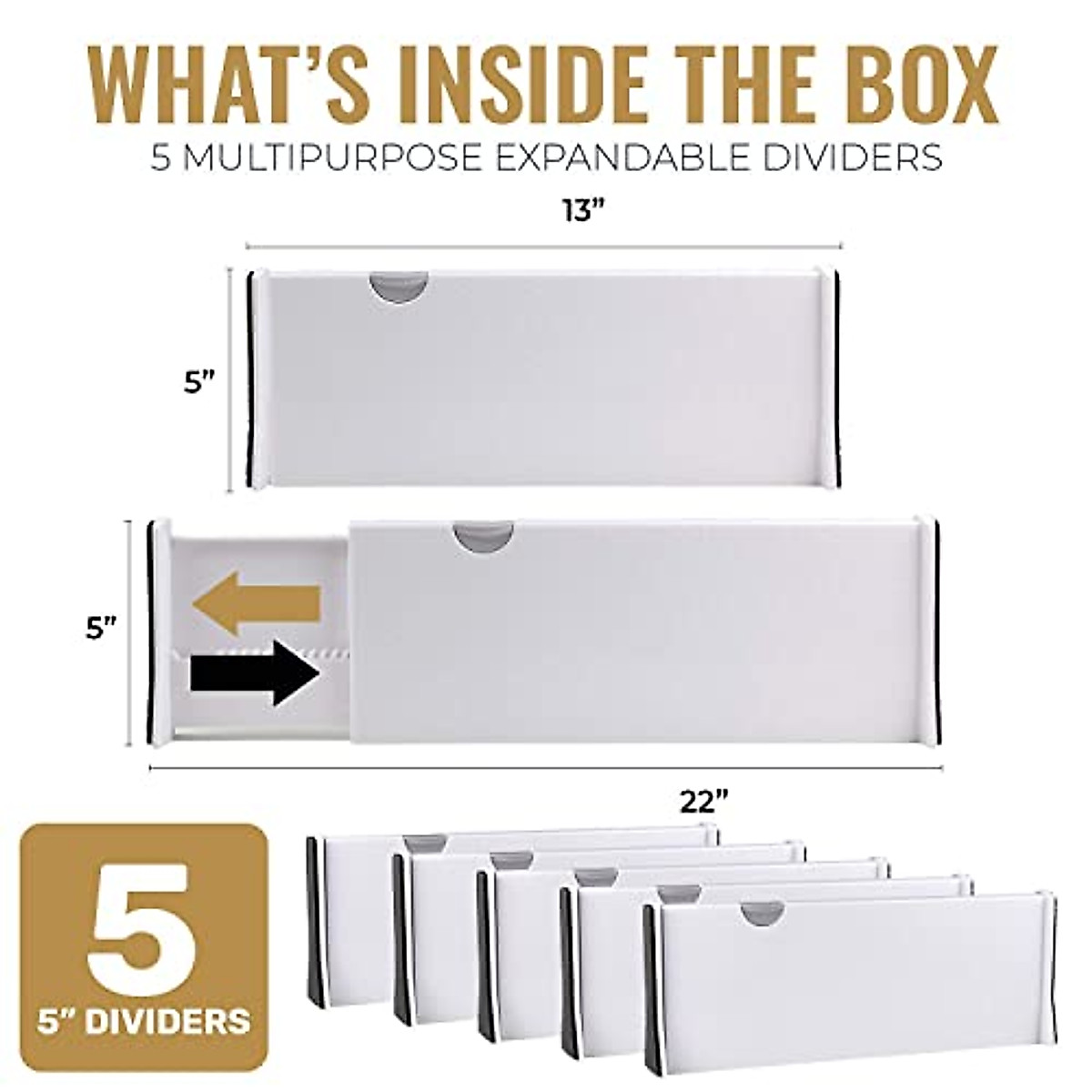 RAPTUROUS Deep Drawer Divider 5 Pack, [5 Inch Tall, 13-22"] Long Expandable, Adjustable Drawer Dividers for Clothing, Clothes, Dresser, Kitchen, Strong & Sturdy Hold, Soft Foam Edges（White）