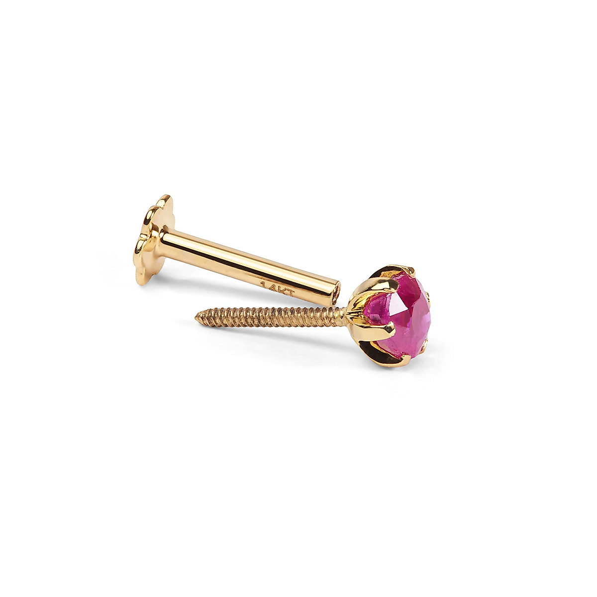 Demira Jewels Handcrafted Natural solitaire Red Ruby in 14K Yellow Gold with 8MM Post Lenght and 16 Gauge Thickness Long Screw Back.