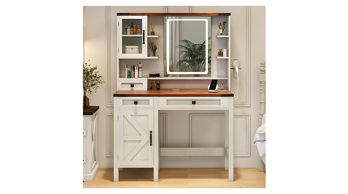 Stylish Farmhouse Makeup Vanity with Lights & Storage
