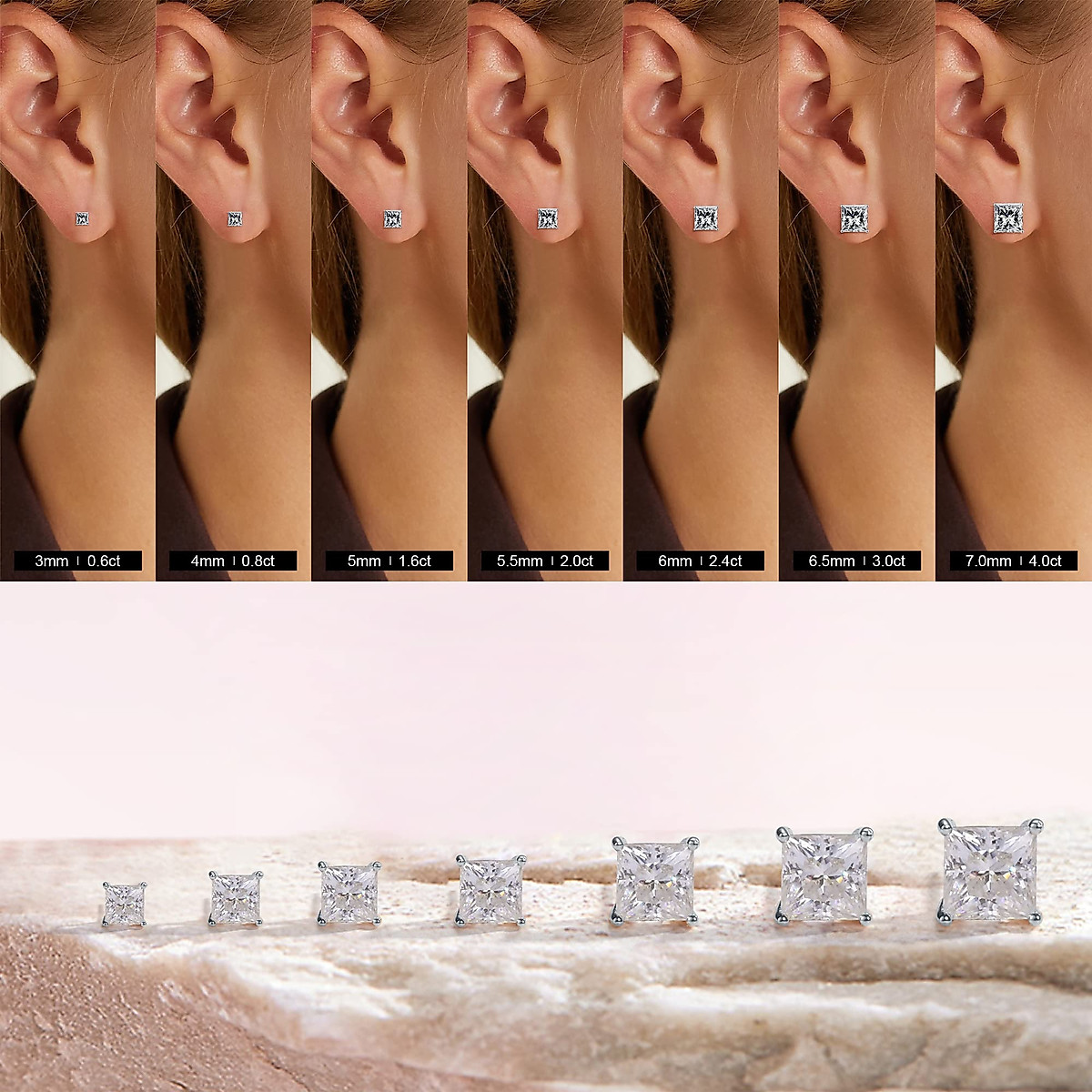 SMILEST 0.6ct Princess Cut Moissanite Earrings for Women, D Color VVS1 Clarity Lab Created Diamond Moissanite Stud Earrings 18K White Gold Plated 925 Sterling Silver Moissanite Screw Back Earrings