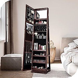 YITAHOME Jewelry Cabinet Standing Jewelry Armoire with Full Length Mirror 360°Swivel Lockable Jewelry Organizer Jewelry Armoire with Bag Storage Shelves, Walnut