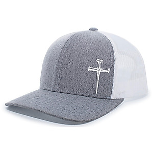 Men's Christian Faith Cross Nails Embroidered Mesh Back Trucker Hat, Heather Grey/White