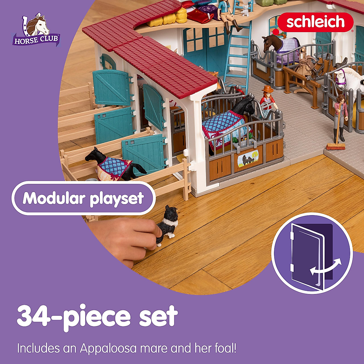 Schleich Horse Club — 34-Piece Stall Playset, Stable Play Set Extension with Mare and Foal Figurines, Toys for Girls & Boys Ages 5+