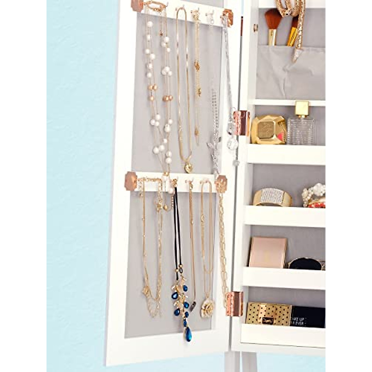 LUXFURNI Mirror Jewelry Cabinet Armoire with 3-Way Mount, Standing, Wall or Door Mounted, Jewelry Organizer with Full-Length Mirror, Lockable, Large Storage, White