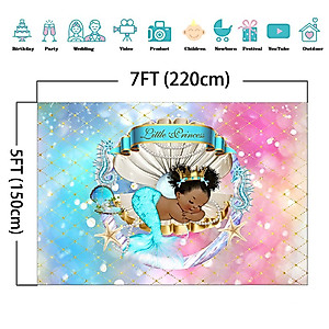 Mocsicka Royal Mermaid Princess Backdrop Under Sea Glitter Shell Crown Background 7x5ft Black Girl Backdrops Banner for Baby Shower, Birthday Party