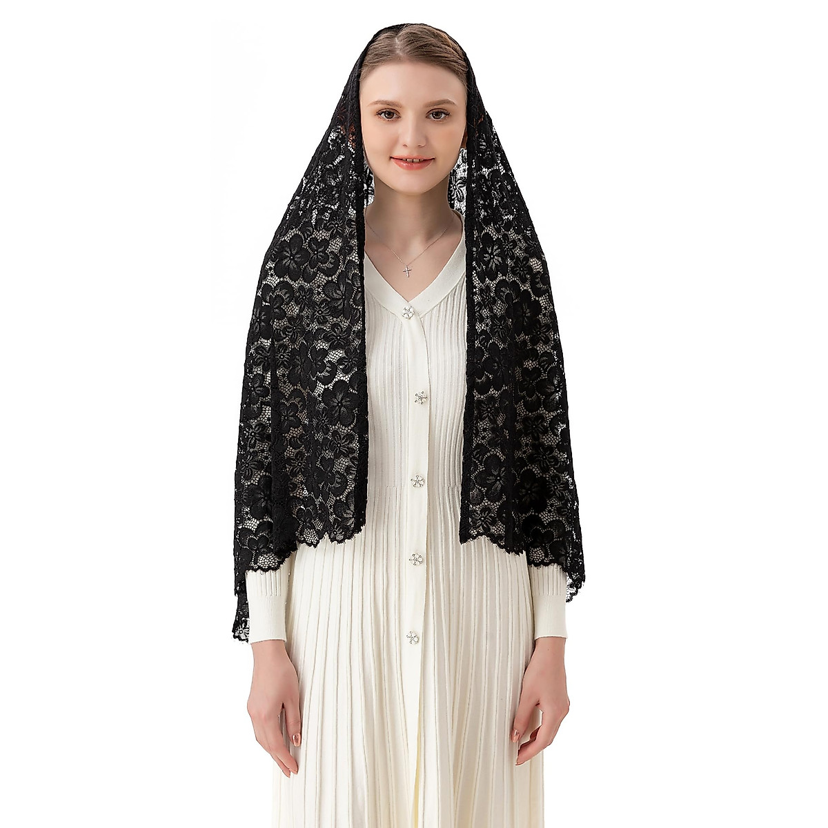 PAMOR Women Rectangular Chapel Veil Scarf Catholic Church Veils Mantilla Wrap Shawl Mass Head Covering (Black)