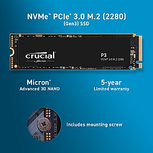 Crucial P3 500GB PCIe Gen3 3D NAND NVMe M.2 SSD, up to 3500MB/s - CT500P3SSD8