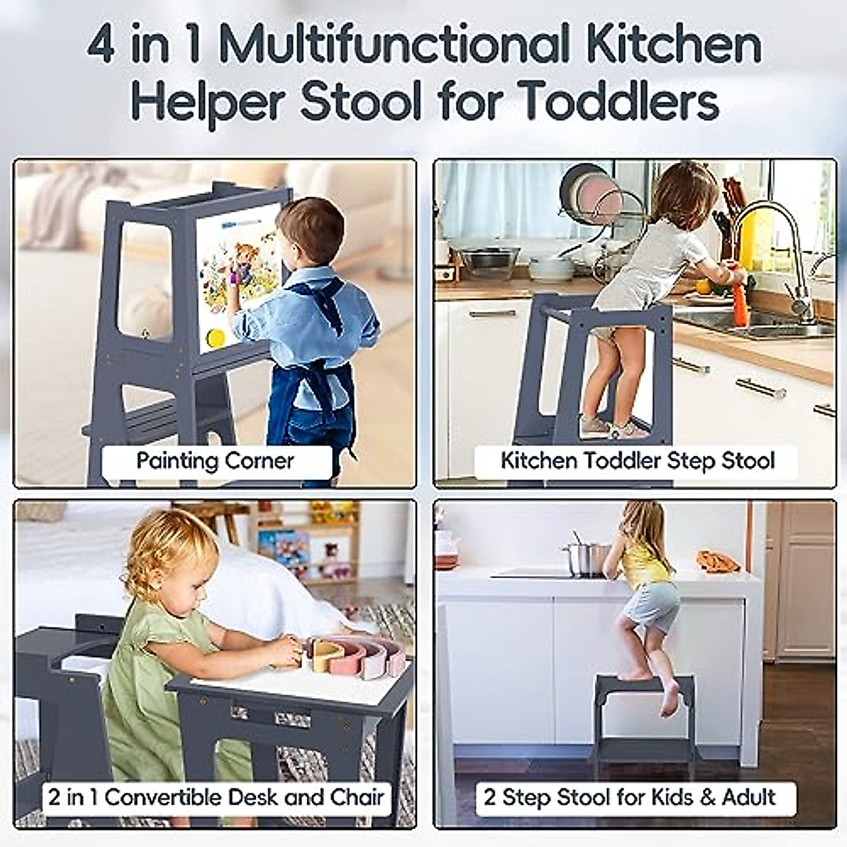Kitchen Toddler Tower, Toddler Step Stool Learning Standing Tower with Whiteboard 2 in 1 Convertible Table and Chair, Removable Safety Rail, Widened Platforms for Kitchen Counter Bathroom Sink