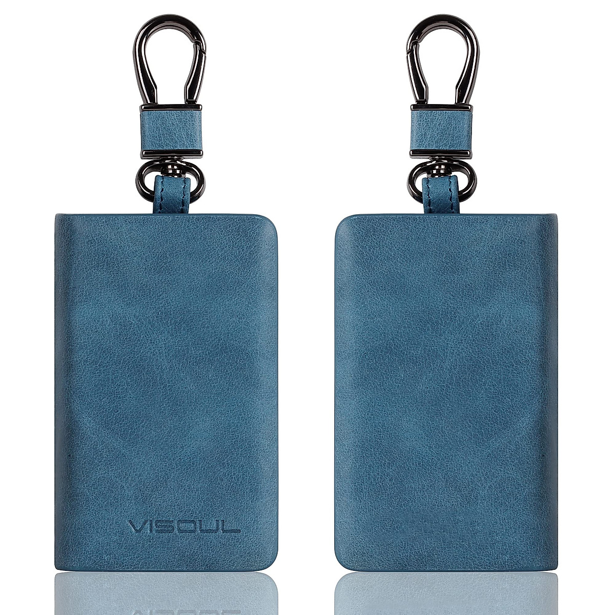 VISOUL Leather Car Key Fob Case Holder for Men and Women, Smart Keychain Protector with Metal Hook and Keyring, Zipper Case for House Keys (D01-Blue)