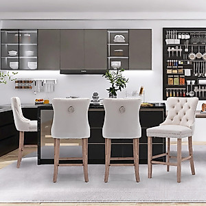 JETEAGO Bar Stools Set of 4, Velvet Upholstered Bar Stool for Kitchen Island, Counter Stools with Nailhead Trim, Beige