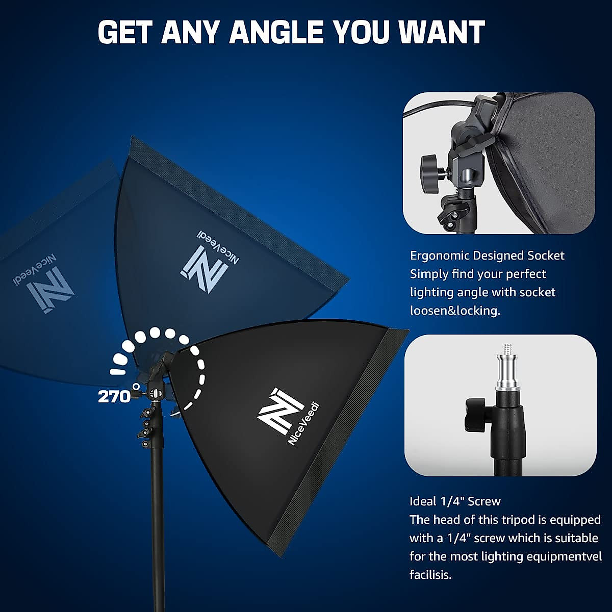 Softbox Lighting Kit, NiceVeedi 16'' x 16'' Softbox Photography Lighting Kit with 63” Tripod Stand & 5400K 450W Equivalent LED Bulb, Continuous Lighting for Photography/Video Record/Live Streaming