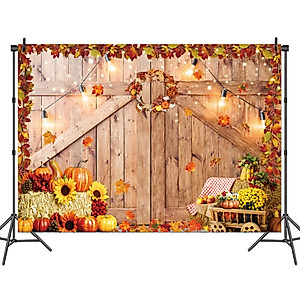 Fall Harvest Barn Backdrop Autumn Thanksgiving Wooden Farm Door Photography Background Rustic Pumpkin Maple Leaves Baby Shower Birthday Party Decorations Supplies 7x5FT