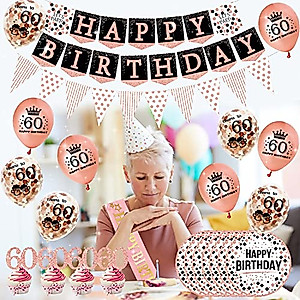 60th birthday decorations for women - (76pack) rose gold party Banner, Pennant, Hanging Swirl, birthday Balloons, Foil Backdrops, cupcake Topper, plates, Photo Props, Birthday Sash for gifts women