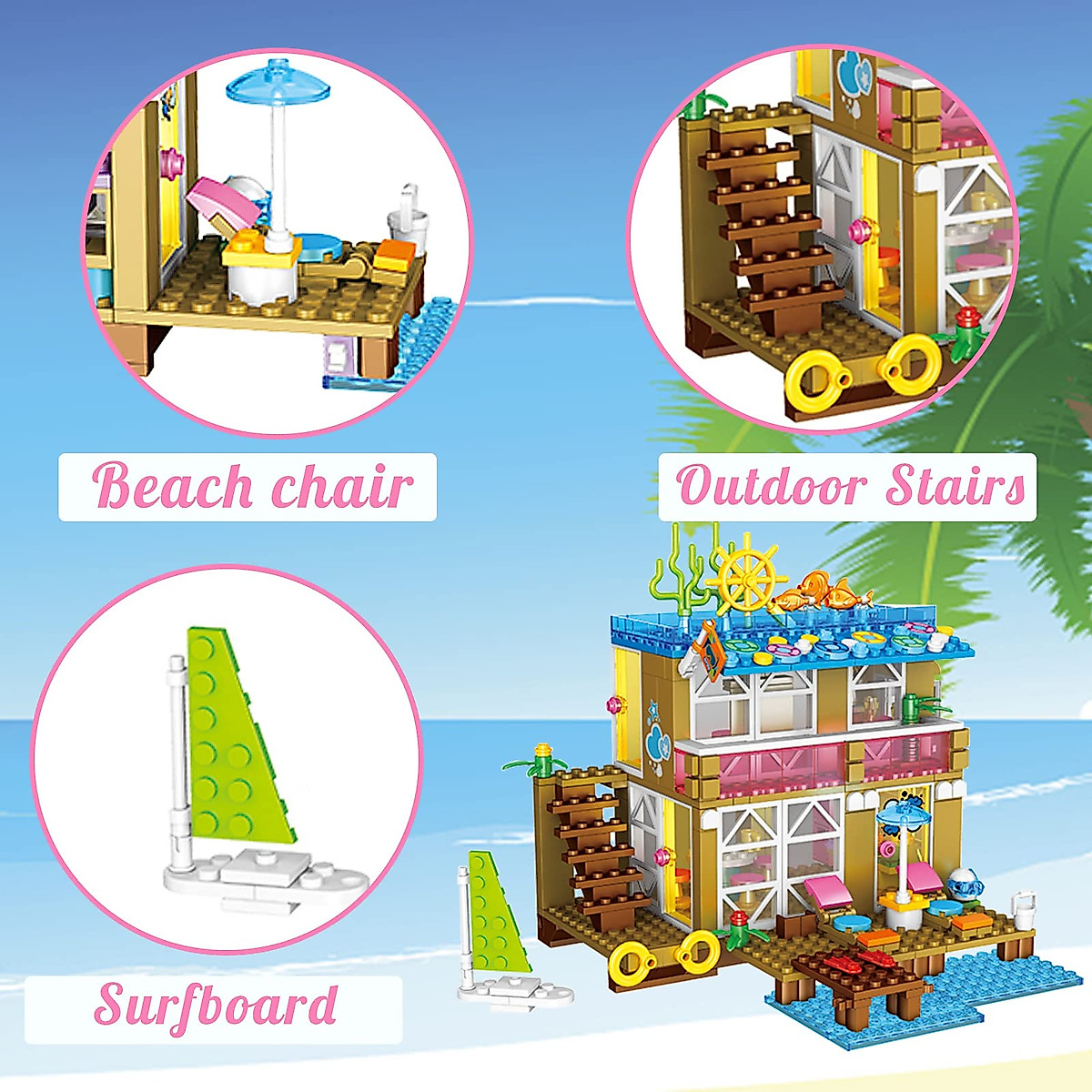 JUMEI Friends Set Building Blocks,Girls Building Toys Set,390 PCS Girls Block Set,Beach Friends House Set Building Set Toys,Friends House Building Set,STEM Toy,Friends Set for Girl 6-12 Years Old