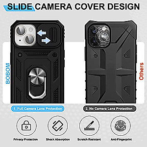 BOBOM [4 in 1 Armor Case for iPhone 14 Case with Stand & Camera Cover [2 Pack Tempered Glass Screen Protector Included] Military Grade Heavy Duty Protective Ring Holder Kickstand Case 6.1 Inch, Black