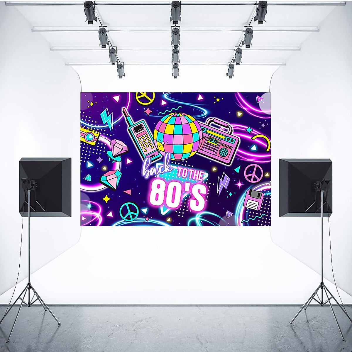 Aperturee 7x5ft Back to The 80s Party Backdrop Disco Theme Retro Style Photo 80's Birthday Music Disco Ball Mobile Phone Radio Photography Background 1980's Neon Eighties Photobooth Props