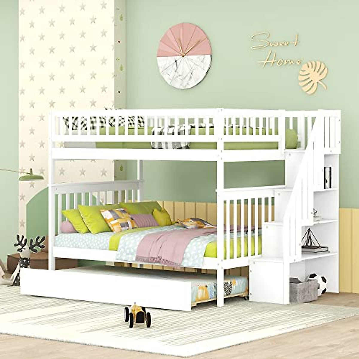 CITYLIGHT Full Over Full Bunk Bed for Adults Kids Teens, Full Over Full Bunk Beds with Trundle,Detachable Wood Full Bunk Bed with Staircase and Bookcase,White