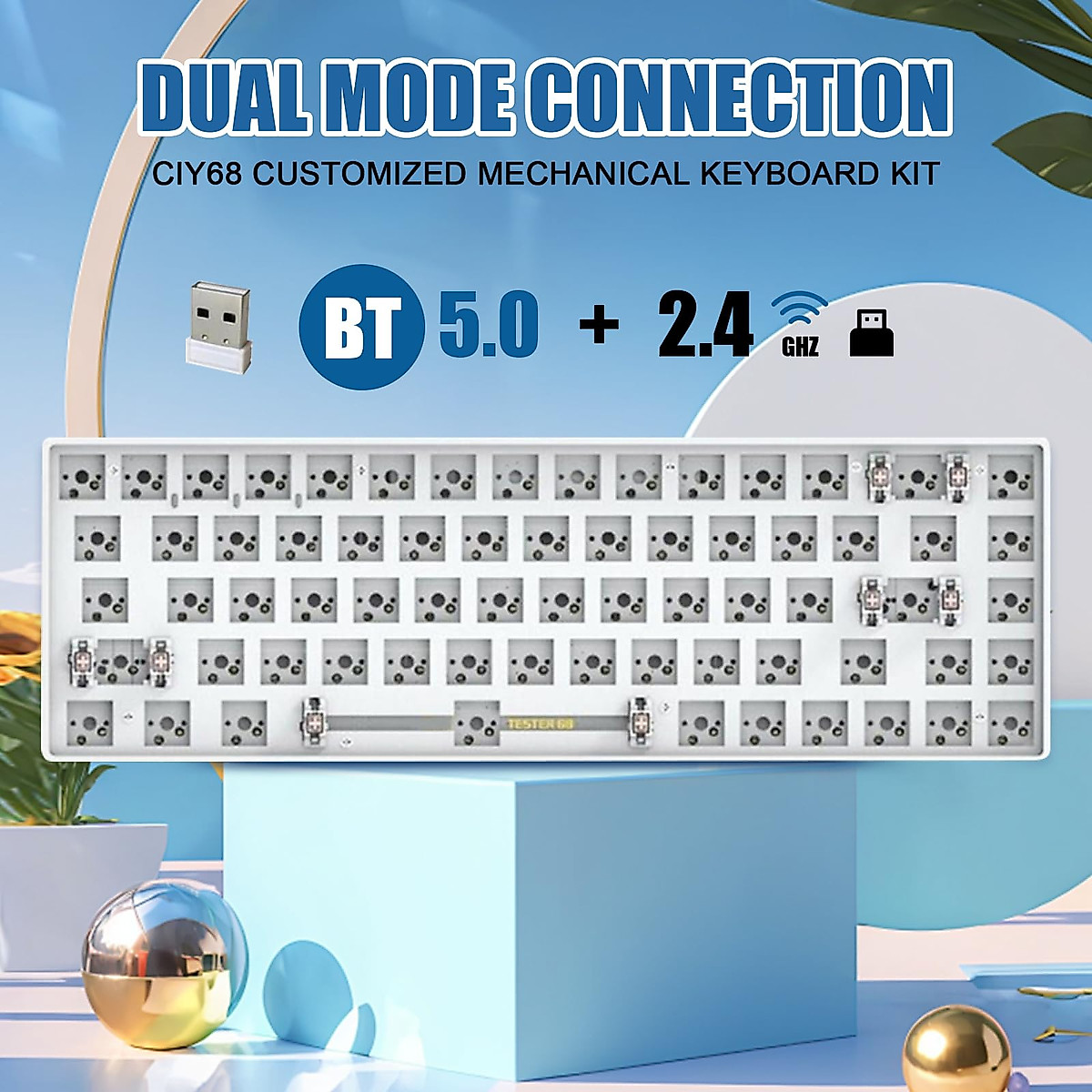 ZMX CIY68 Keyboard Kit,Hot Swappable 65% Mechanical Keyboard Wireless Bluetooth 5.0/2.4G Dual Mode Kit with ABS Shell Metal Positioning Plate Sound Insulation Mat for Windows/Android (White)