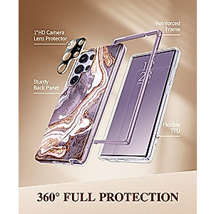 GVIEWIN Marble Bundle - Compatible with Samsung Galaxy S23 Ultra 6.8 Inch [No Built-in Screen Protector] + Phone Ring Holder (Burgundy/Gold) (2 Items Bundle)