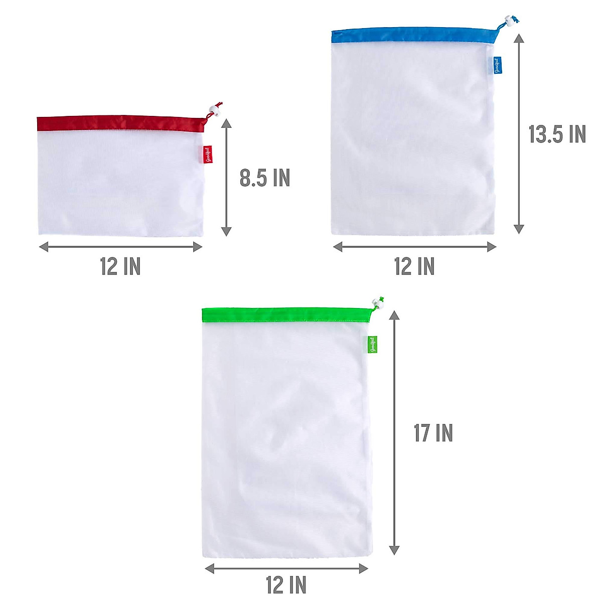 Goodful Reusable Mesh Produce Bags, Washable, Breathable and See-Through with Colorful Drawstring Toggle Closures, For Grocery Shopping, Fruits, and Vegetable, 12 Pack, Multicolor