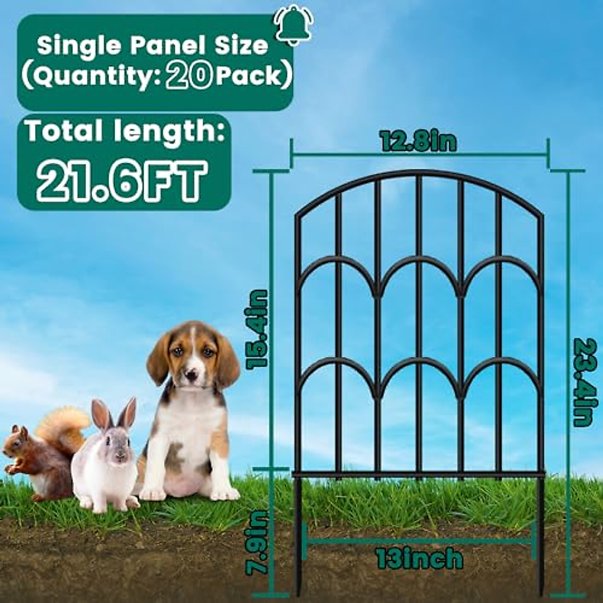 Animal Barrier Fence 20 Pack,Decorative Garden Fence 23.4in(H) x 21.6ft(L) Rustproof Metal No Dig Fence,for Dog Rabbit Pet,Ground Stakes and Outdoor Yard Patio Landscape