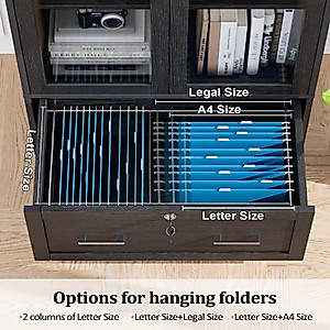 VINGLI Lateral File Cabinet with Glass Doors and Locking Drawer for Hanging File Folders, Bookshelf with Adjustable Shelves for Home Office (Black, 30''W x 16''D x 55''H)
