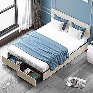 ijuicy Cal King Size Bed Frame with Drawers, No Box Spring Needed Bed Frame with Headboard, Upholstered Platform Bed Frame with Large Storage Space for Bedroom,Easy Assembly-Beige