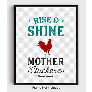 Funny ‘Mother Cluckers’’ Kitchen Wall Art Sign - 8x10 UNFRAMED Gray, Teal, Red & White Kitchen Print Perfect for Modern Farmhouse, Rustic, Vintage, Cottage, Country and Retro Decor.