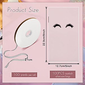 100 Pieces Eyelash Aftercare Bags Lash Bags Eyelash Packaging Bags Makeup Aftercare Bags Cosmetic Clear Empty Bag Mini Cosmetic Bags with a Hard Yarn Ribbon for Women,5 x 9 Inch(Black)
