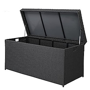 OOTDxvv 500L/132Gallon PE Rattan Deck Box for Patio Furniture, Pool Accessories, and Storage for Outdoor Toys, Black Four-Wire Rattan