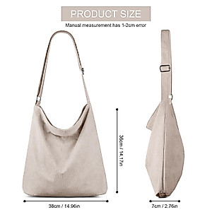 Kememo Corduroy Hobo Bag Crossbody Tote Bag with Zipper, Large Capacity Shoulder Bag Handbags Shopping Bag for Women, Beige