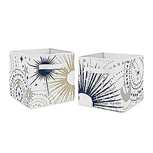 Sweet Jojo Designs Star and Moon Foldable Fabric Storage Cube Bins Boxes Organizer Toys Kids Baby Childrens - Set of 2 - Navy Blue, Gold, and Grey Celestial Sky Stars Gender Neutral Unisex