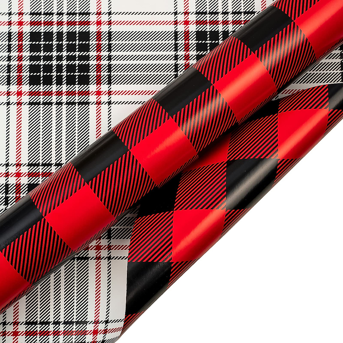 WRAPAHOLIC Reversible Christmas Wrapping Paper - Mini Roll - 17 Inch X 33 Feet - Black and Red Plaid Design for Holiday, Party, Celebration
