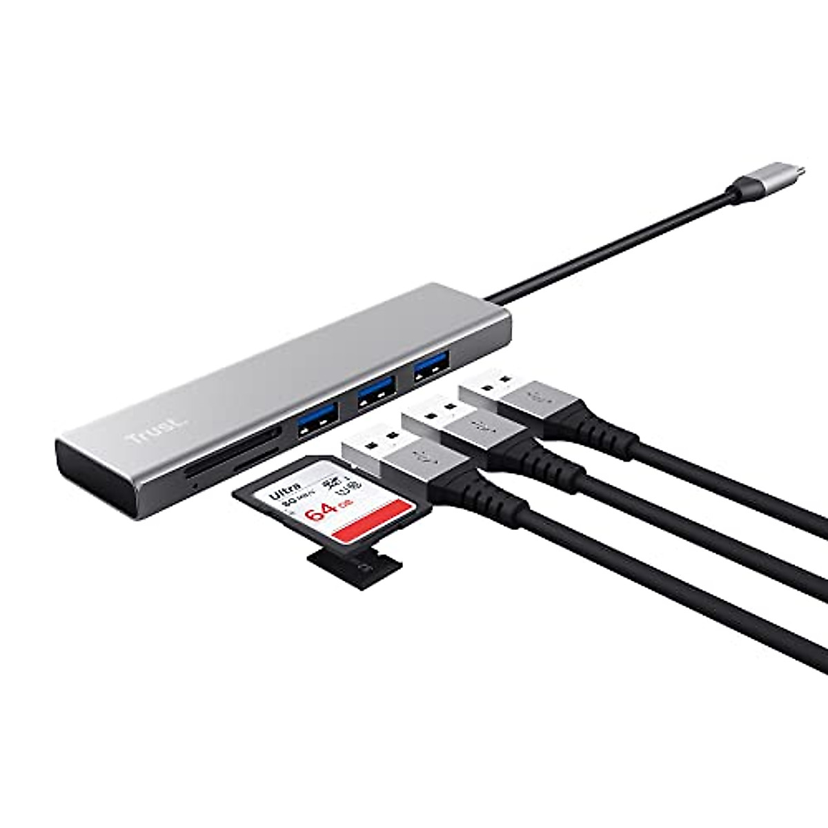 Trust 24191 Halyx Fast USB-C Hub and Card Reader, 3 Extra Ports, 5Gbps with USB 3.2 Gen 1, SD and Micro-SD Card Reader 104 MB/s, (Micro) SD, SDHC and SDXC up to 2 TB