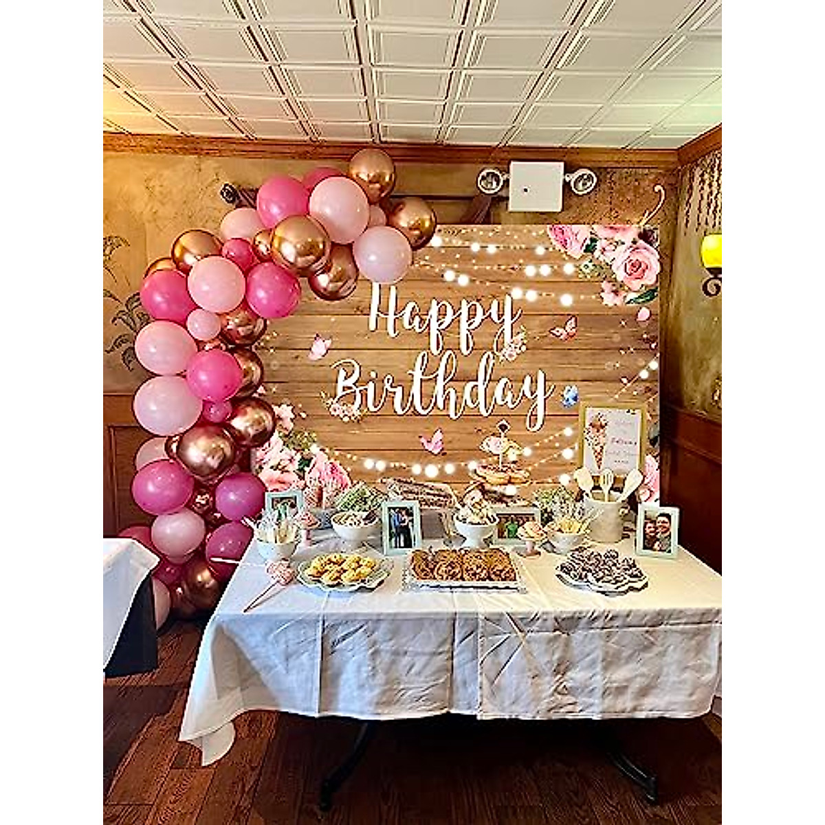 Pink Birthday Party Decorations,Butterfly Rustic Wood Flowers Happy Birthday Backdrop Banner Hot Pink Balloon Arch Garland Kit for Women Girl Birthday Party Supplies