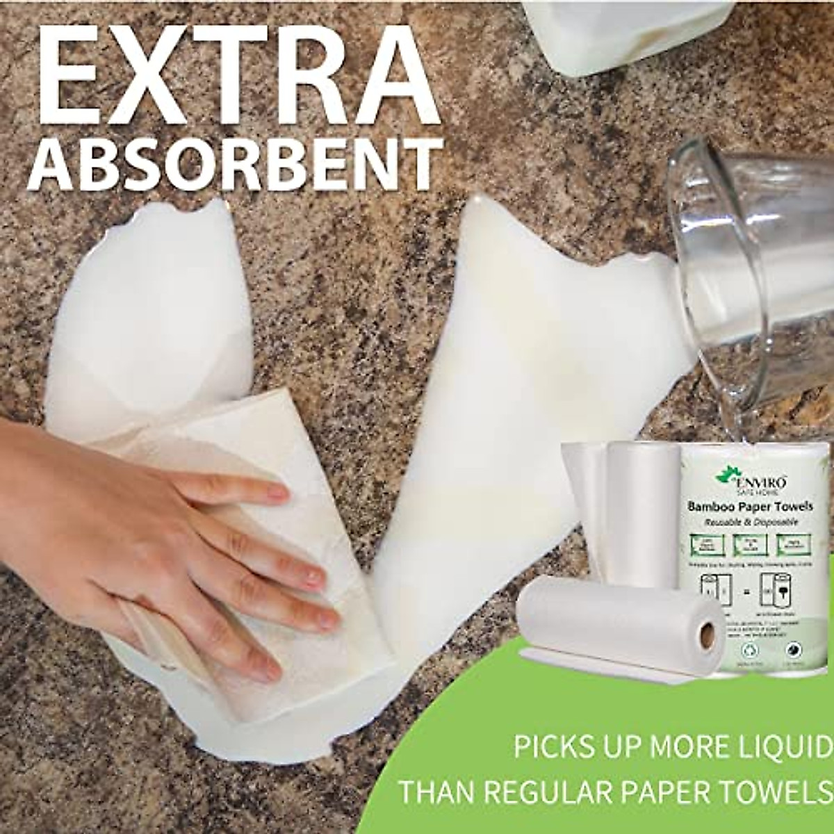 Enviro Safe Home Reusable Bamboo Paper Towels Washable Paper Towels 2 Rolls 100 Sheets - Compostable, Eco Friendly, Disposable, Tree Free Kitchen Paper Towel