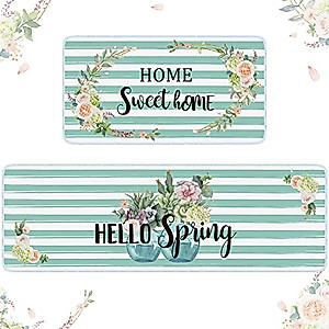 Hello Spring Sweet Home Kitchen Rugs Sets of 2 Spring Flowers Non Slip Floor Mat Watercolor Stripes Decorative Rug Washable Rubber Backing Inside Door Mat Pad for Kitchen Bathroom Farmhouse Decoration